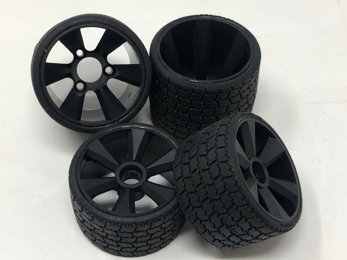 GRC142B GR12 12th Scale Rubber Tires, Black wheel, Set of 4 Pre Glued ...